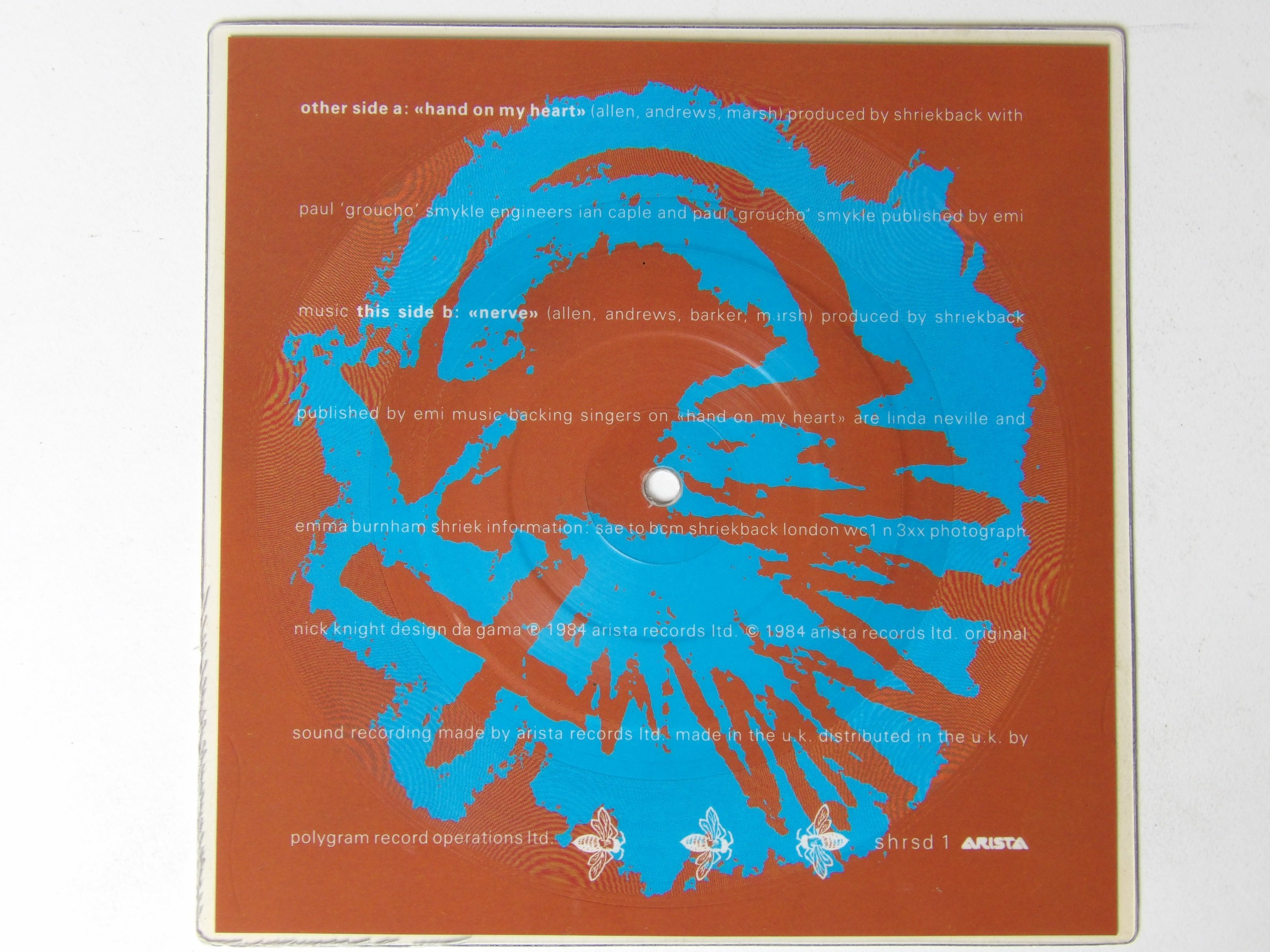 Shriekback: Hand On My Heart UK 1984 7" SQUARE PICTURE DISC