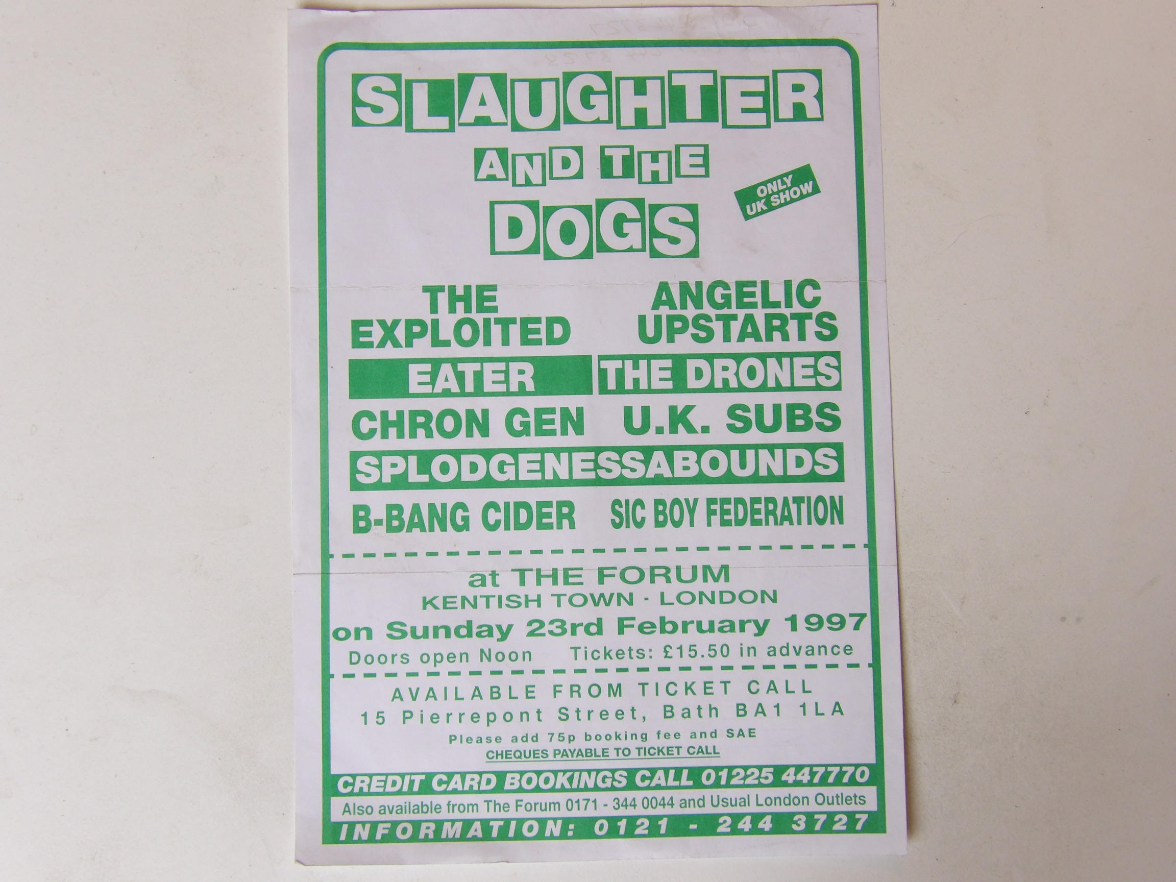 Slaughter & the Dogs / Exploited etc: Original 1997 A4 Flyer