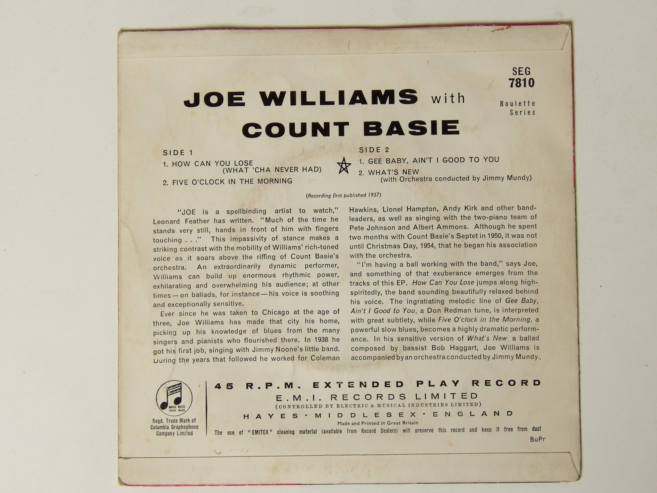 Joe Williams With Count Basie: E.P 1958 7"