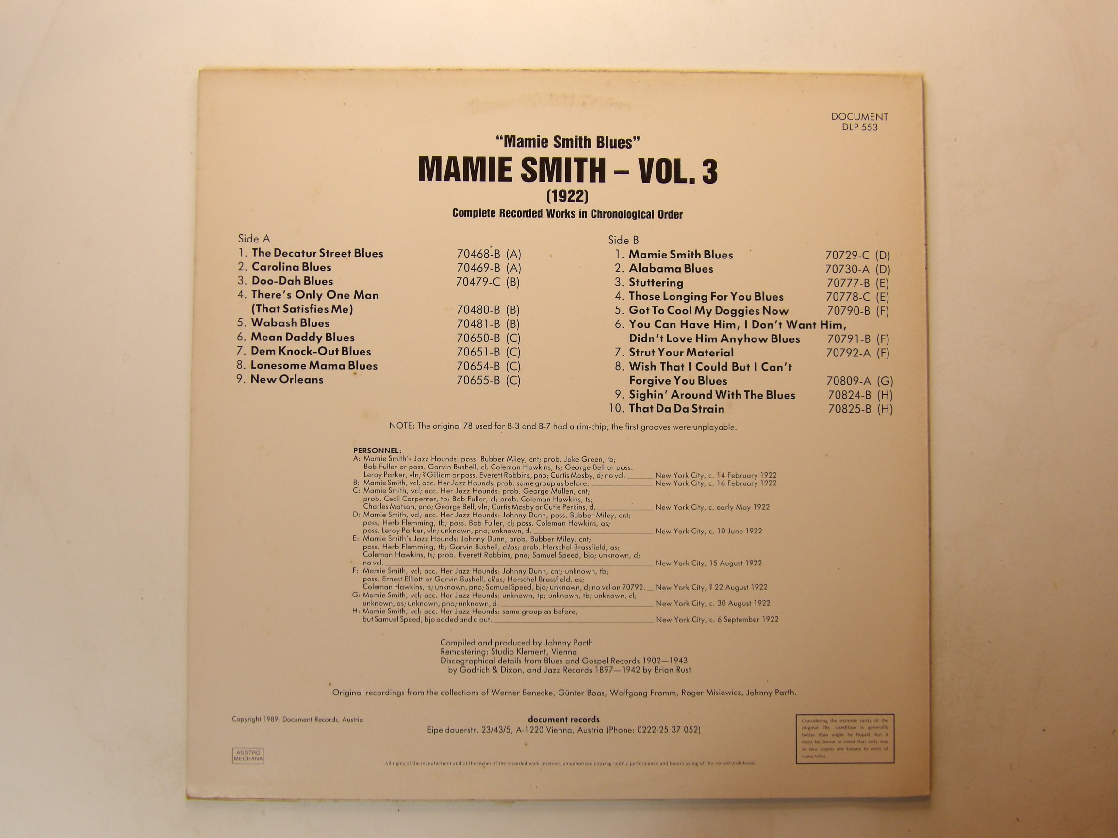 Mamie Smith: Vol 3 EX Mono LP Document Austria