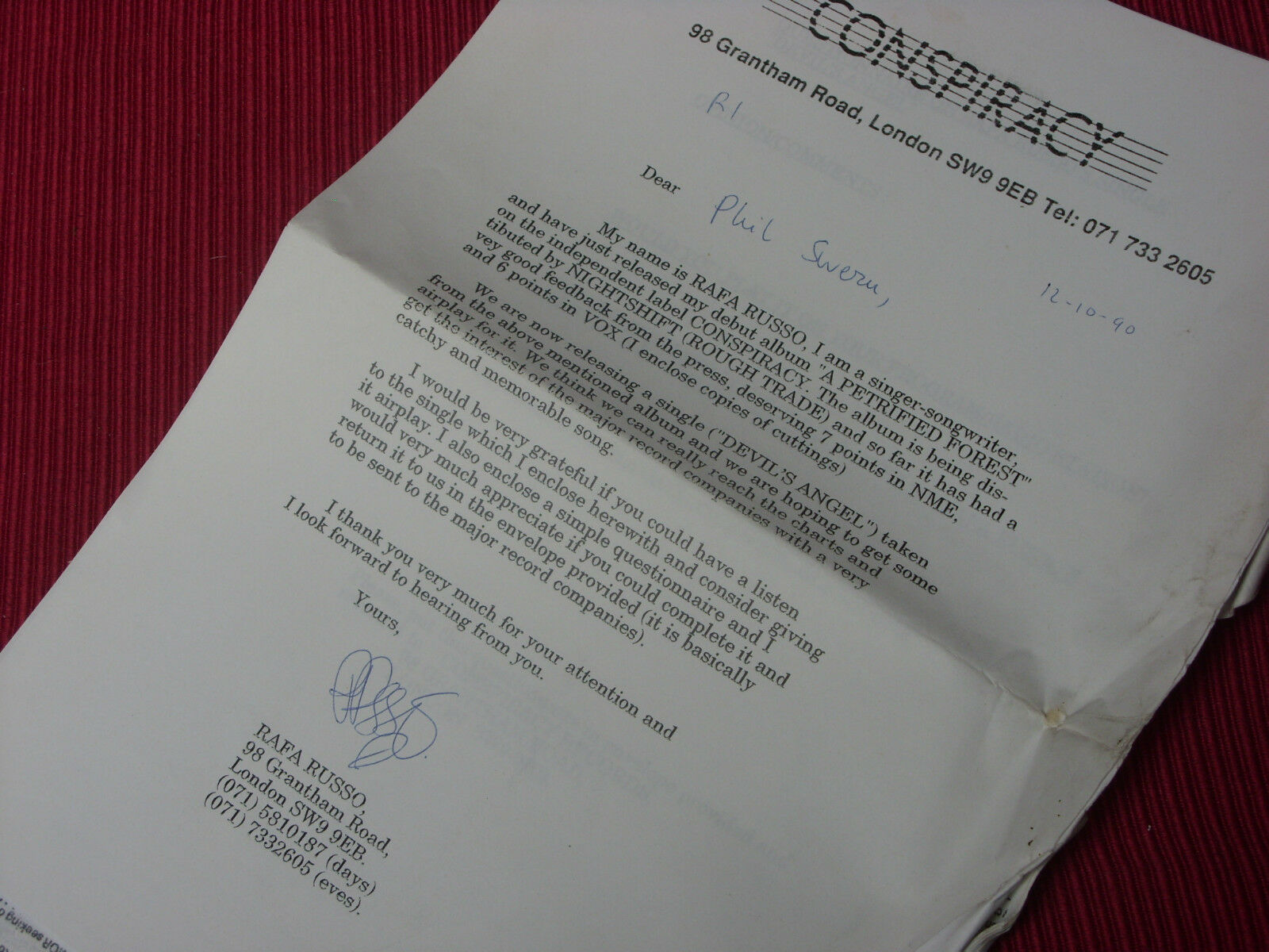 Rafa Russo: Devil's Angel 7" + press info + letter from Rafa Russo ...